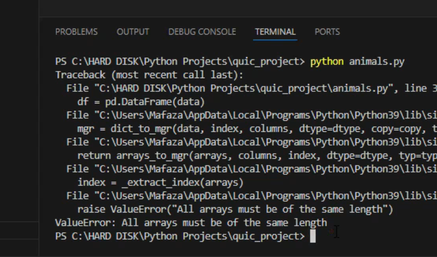 ValueError:All arrays must be of the same length - Python ValueError:All arrays must be of the same length - Python